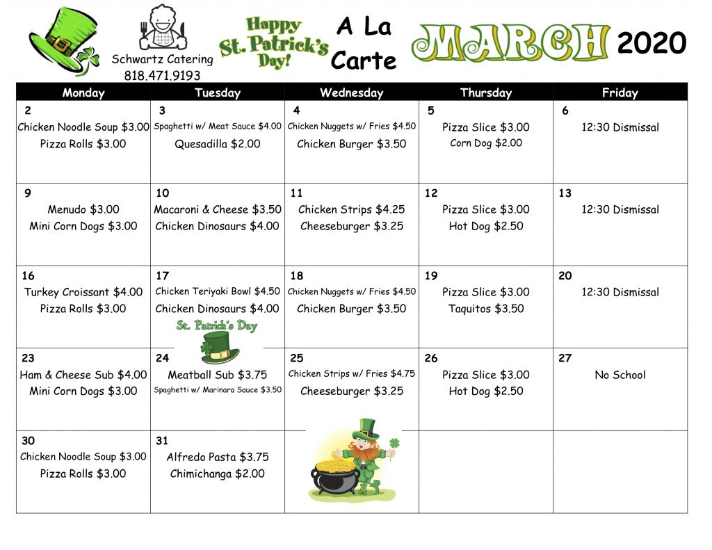 Lunch Menu for March | St. Ignatius Catholic School